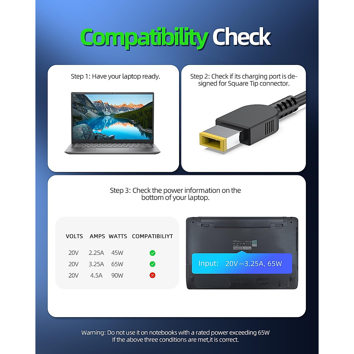 Charger Replacement for Lenovo ADLX45NCC2A ADLX45NDC3A ADLX45DLC3A ADLX45DLC2A ADLX65SDC2A ADLX45NLC3A ADLX65NDC2A ADLX65NCC2A ADLX45NLC2A Model Laptop, (Safety Certified by UL), Square Tip, 65W, 45W
