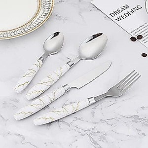 24-Piece Set of Marble pattern Handle Cutlery Set Kitchen Silverware Tableware Main Stainless Steel Knife and Fork Spoon Commercial Steak Coffee Western Tableware (White)