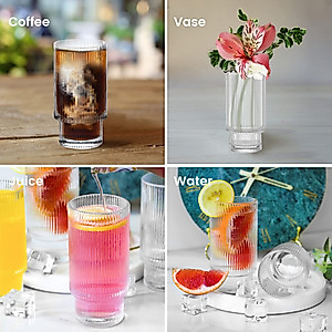 VKDONE Ribbed Glasses, Ribbed Glassware Set of 6, 12 oz Origami Style Glass Cups Vintage Glassware, Heavy, Ridged Glass for Juice, Iced Coffee, Tea, Cocktail, Whiskey, Beer