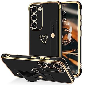 Telaso Samsung Galaxy S23 Plus Case, Galaxy S23 Plus Phone Case Love Heart Cute Case with Wristband Kickstand Holder Soft TPU Plating Bumper Protective Slim Phone Case Cover for Girls Women, Black