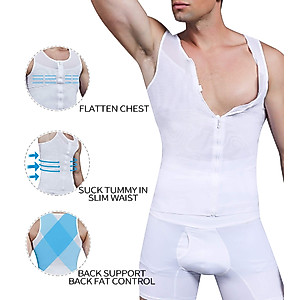Vaslanda Men Slimming Body Shaper Vest Chest Compression Shirt Tight Undershirt Shapewear Tank Top Moobs Binder Zipper White