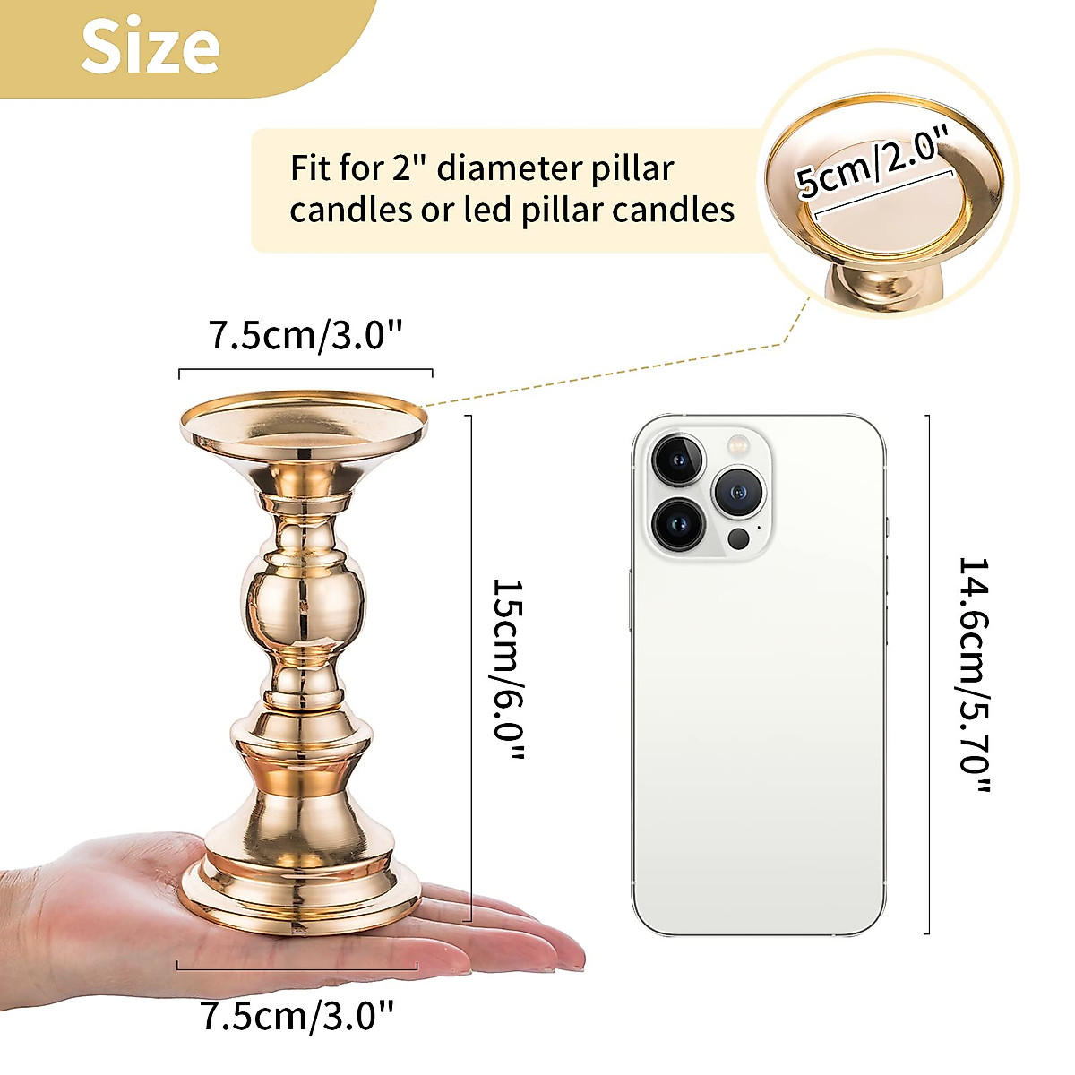 Set of 4 Gold Metal Pillar Candle Holders, Wedding Centerpieces Candlestick Holders for 2 inches Candles Stand Decoration Ideal for Weddings, Special Events, Parties