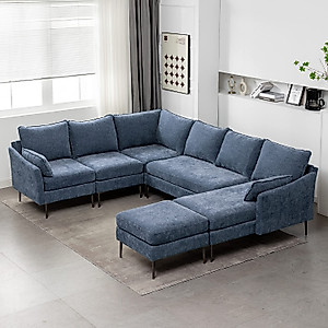 MELLCOM 113" Cloud Couch Sectional 6-Seat U Shaped Modular Sofa w/Chaise & Ottoman, Comfy Memory Foam Modular Couch in Washable Chenille Fabric, Modern Living Room Sectional Sofa, Blue
