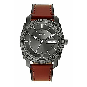 Fossil Men's Machine Quartz Stainless Steel and Leather Three-Hand Watch, Color: Smoke, Amber (Model: FS5900)