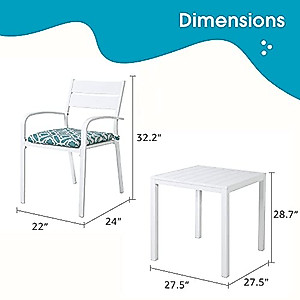 Soleil Jardin 3-Piece Outdoor Bistro Set Aluminum Patio Furniture Bistro Table Set Outdoor Dining Table and Stackable Chairs with Cushion, White Finish & Lattice Cushion