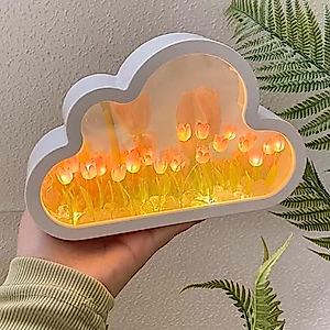 FIALAME DIY Tulip Night Light Room Decor Lamp & Mirror 2 in 1, Artificial Flowers Lamp Battery Powered Material Kit, Warm Ornament Gifts for Family and Friends (Pink)