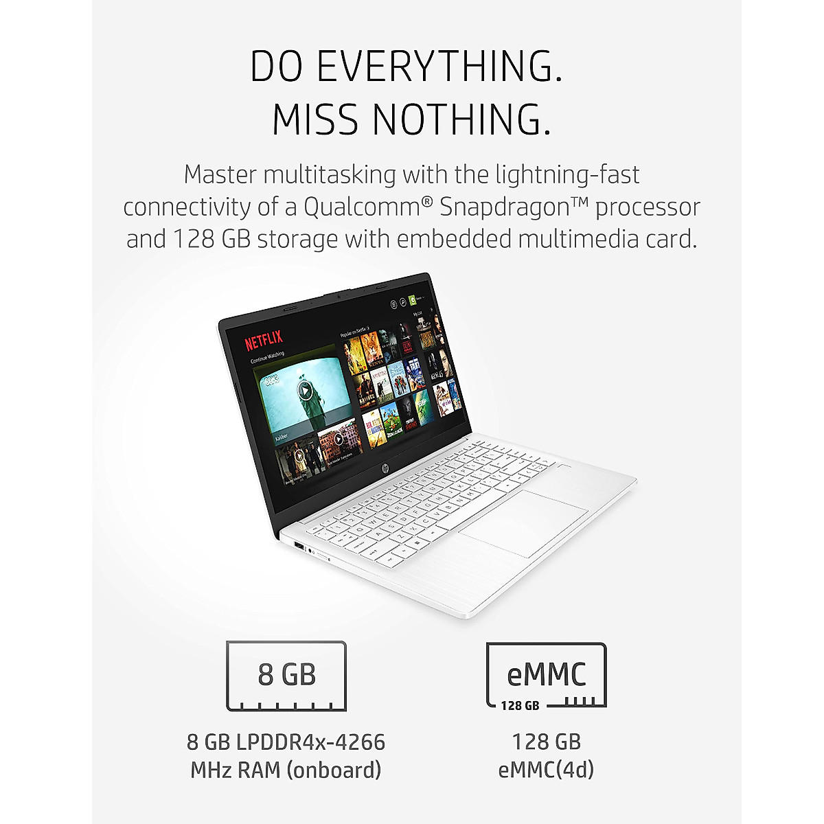 HP 14 Laptop, Qualcomm Snapdragon 7c Processor, 8 GB RAM, 128 GB eMMC, 14-inch Full HD Touchscreen, Windows 11 Home, Thin & Portable, Long Battery Life, Wi-Fi 5 & Bluetooth 5 Combo (14-ed0010nr, 2021)