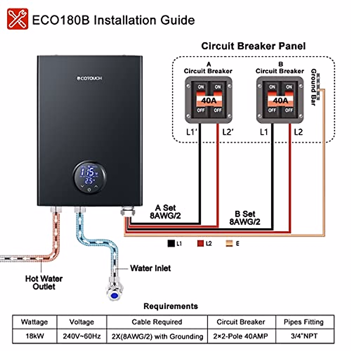 Electric Tankless ECOTOUCH 18kW on Demand Instant Hot Water Heater 240V, Self-Modulation Point of Use Hot Water Heater Whole House ECO180B Black