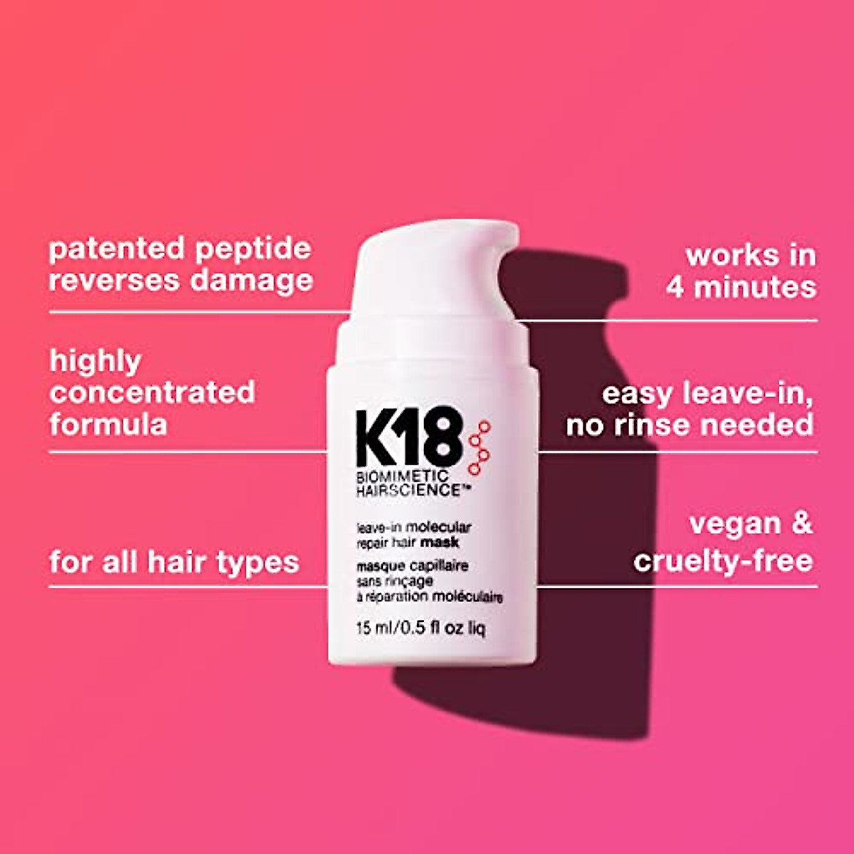 K18 Leave-In Repair Hair Mask Treatment to Repair Dry or Damaged Hair - 4 Minutes to Reverse Hair Damage from Bleach, Color, Chemical Services and Heat, 15 ml