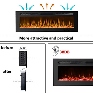 Anpuce 50 inch Ultra-Thin Electric Fireplace Recessed and Wall Mounted with Touch Screen Control Panel/Remote Control/App Control - Timer,Realistic 5 Flame - Log & Crystal Hearth Options