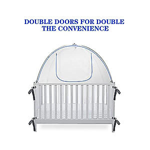 Baby Crib Tent Safety Net, Durable Strong Self-Locking Zippers, Protects from Climbing Out and, Insects, Mosquitoes, Installs with Rods (Crib 52.25" - 28.25")