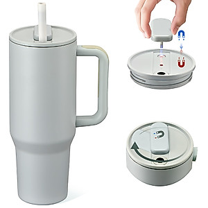 Pawtong 40oz Magnetic Lid Insulated Tumbler with Handle, 360° Rotating & Removable Cover, Leak-Proof Travel Mug with Soft Silicone Straw for Drivers, Commuters, Road Trips, Dishwasher Safe (Grey)