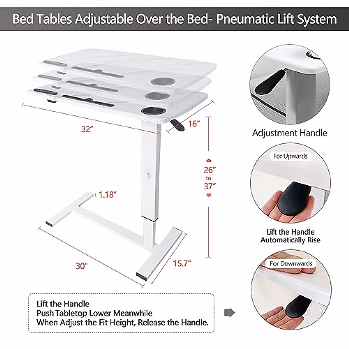 BeGyoku Overbed Table,Hospital Bed Table,Pneumatic Bed Tables Adjustable Over The Bed with Hidden Wheels&USB Port,Mobile Laptop Table Cart and Rolling Bedside Table with Tray Hospital Home Use-White