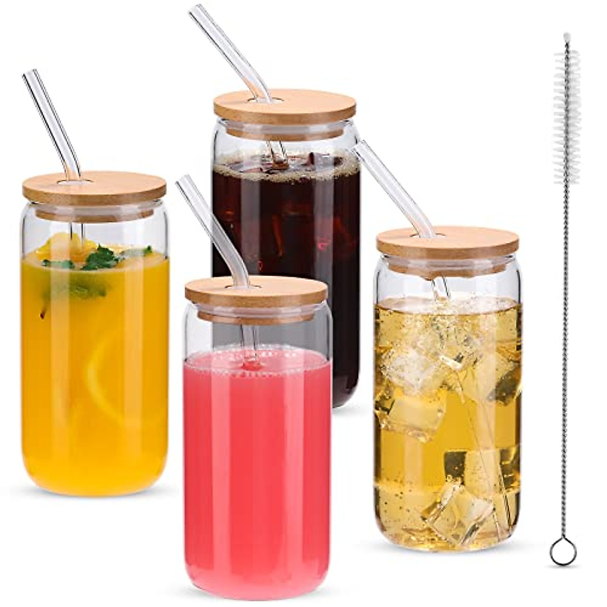4 Pack Drinking Glasses, EFOBO 16 oz Beer Can Glass with Bamboo Lids, Straws and Cleaning Brushes, Can Shaped Tumbler Cup for Water, Ice Soda, Tea, Iced Coffee Glasses, Gifts
