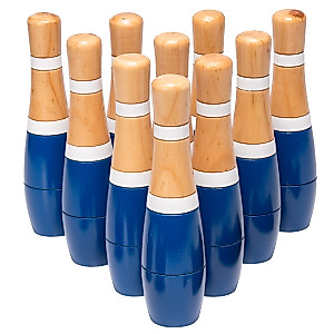 13-Piece Wood Bowling Set - Indoor/Outdoor Bowling Game for Adults and Kids Ages 3 and Up - 10 Wood Pins, 2 Balls, and Carrying Bag by Hey Play (Blue)