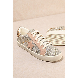 Mi.iM Skylar Rubber Sole Lace-up Glitter Suede Leather Star Sneakers (8, Light Gold)