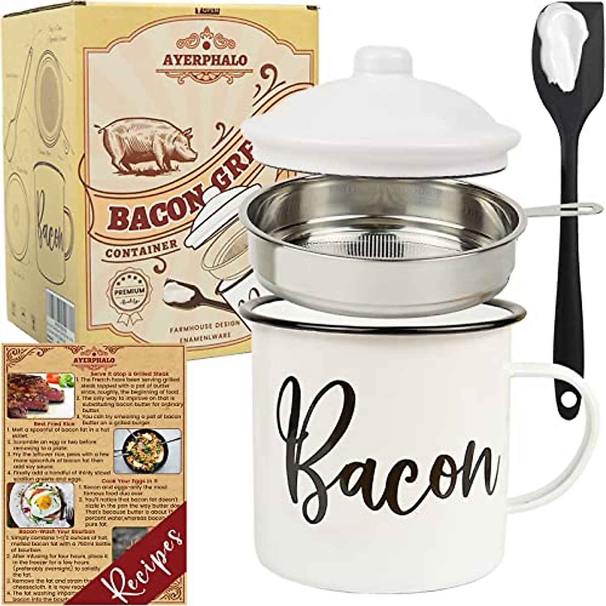 Bacon Grease Container with Strainer - With Food-Grade Silicone Spatula, 46oz Large Enamel Grease Strainer - Rustic Farmhouse Bacon Fat Container, Bacon Grease Keeper, With Recipes, Dishwasher Safe