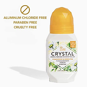 CRYSTAL Mineral Deodorant Roll-On- Body Deodorant With 24-Hour Odor Protection, Non-Staining & Non-Sticky Deodorant with Chamomile & Green Tea, Aluminium Chloride & Paraben Free, 2.25 FL OZ - 3 Pack