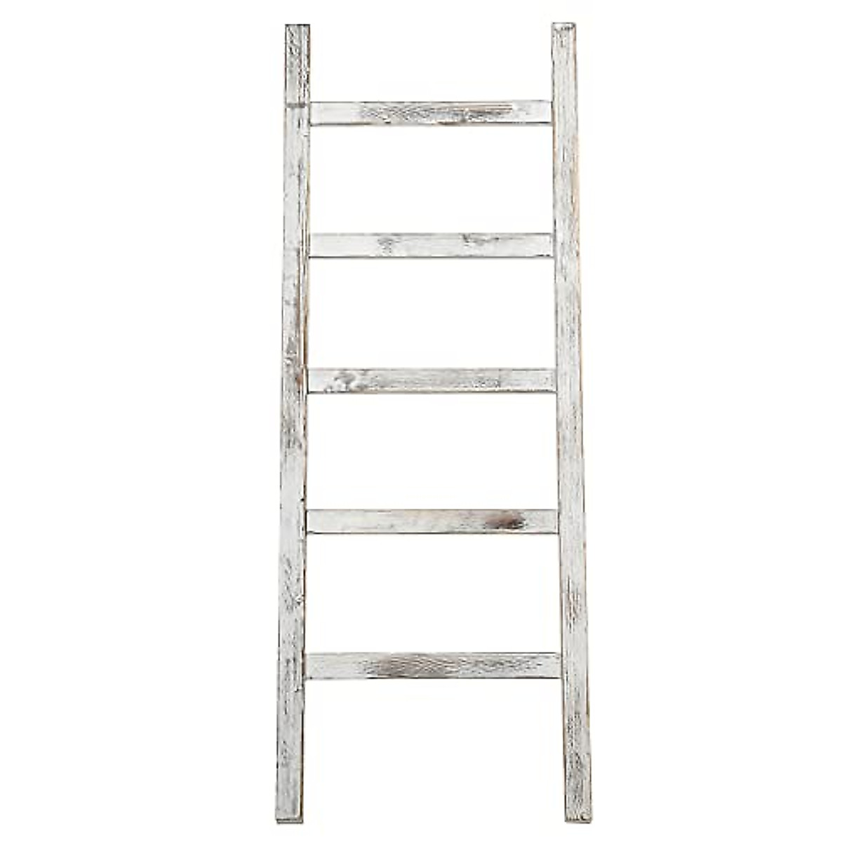 MyGift Vintage White Wood Leaning Blanket Ladder Holder with 5 Hanging Rungs, Farmhouse Towel Ladder for Bathroom Storage, Freestanding 4 Foot Leaning Rack
