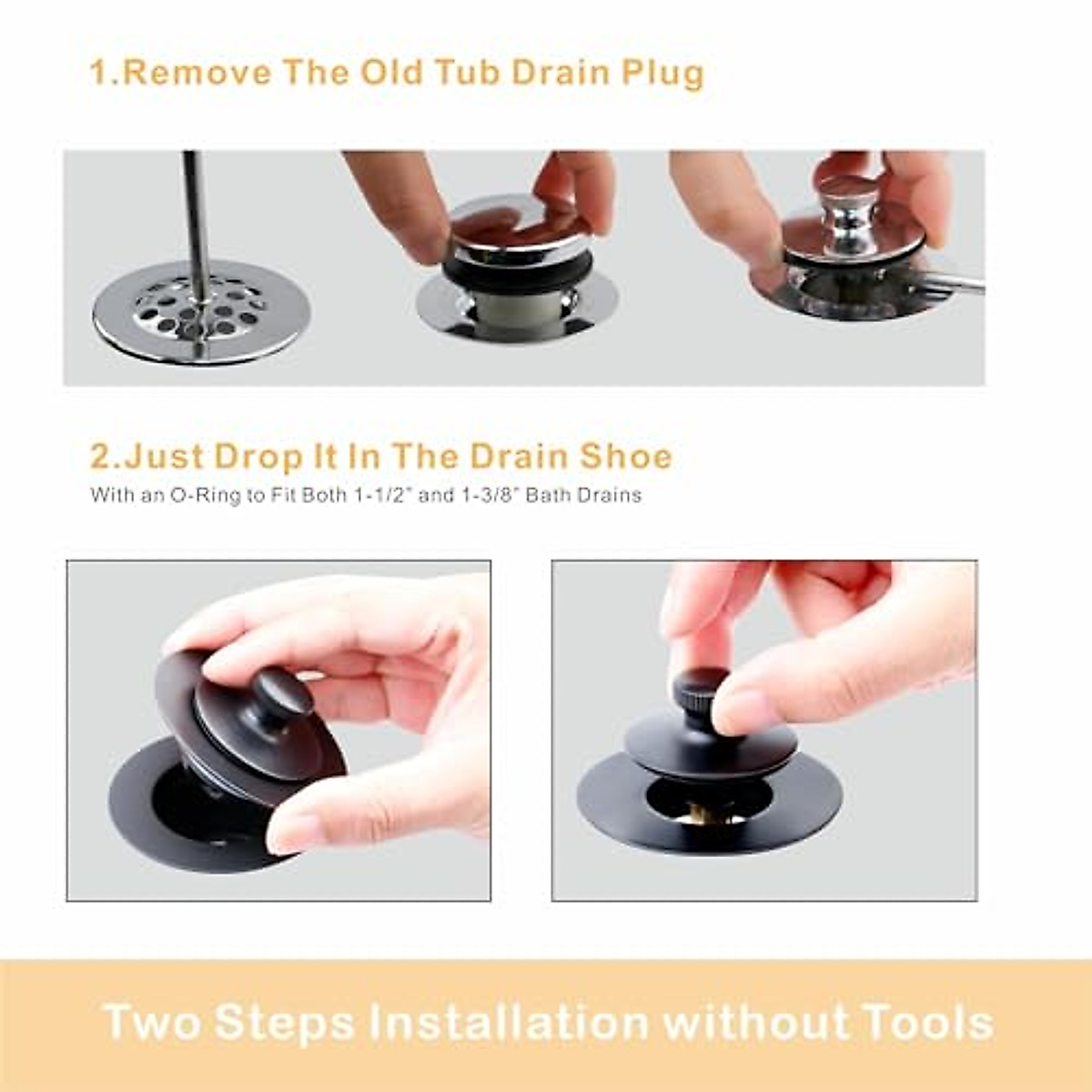 Black Universal Bathtub Drain Stopper Lift and Turn Conversion Kit, Wellup Bath Tub Drain Stopper with Easy to Install, Replaces Tip-Toe and Lift and Turn, Trip Lever drains for Tub (Matte Black)