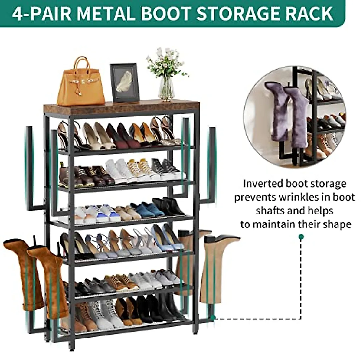 YITAHOME 7-Tier Shoe Rack with Boot Rack, Shoe Organizer for Closet, Large Shoe Rack Organizer for Entryway with 6 Metal Mesh Shelves, 27-34 Pairs of Shoes, Rustic Brown + Black