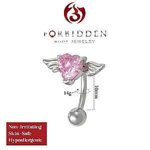 Forbidden Body Jewelry Surgical Steel Reverse Mount Pink Jeweled Heart Angel Wings Belly Button Ring