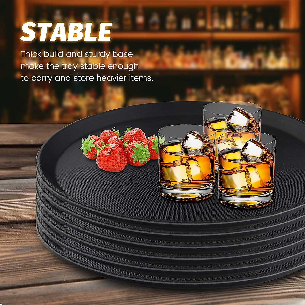 Hakka Round Restaurant Serving Trays,Waitress Tray with Non-Slip Surface 16-Inch 6 Pack Black