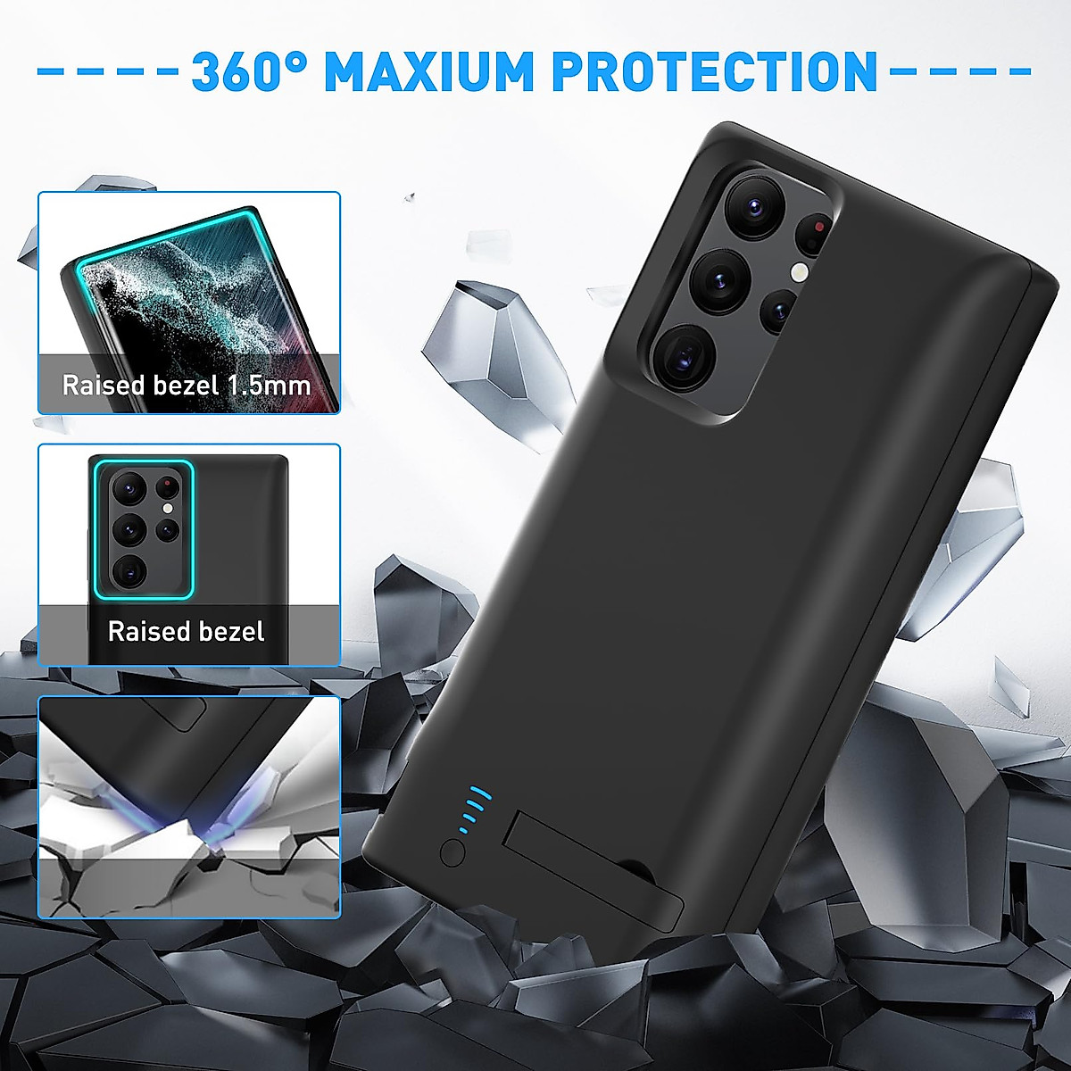 Galaxy S22 Ultra Battery Case, 5000mAh Extended Phone Charging Case & Kickstand & Dual Device Charging, Rechargeable Backup Charger Case for Samsung S22 Ultra 5g(6.8") Black