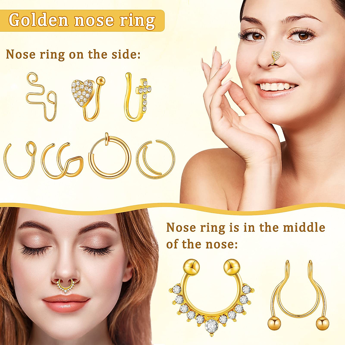 Junkin 12 Pieces nose ring chain Jewelry Stainless Steel Nose Chain Nose Cuff Fake Septum Fake Nose Ring Hoop Fake Septum Ring Non Piercing Nose Rings Gold for Women and Men