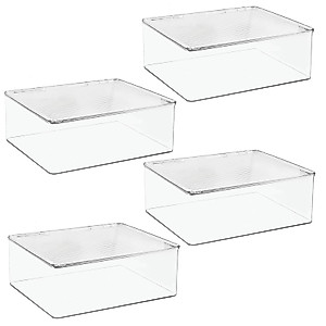 mDesign Plastic Craft Room Stackable Storage Organizer Box Containers with Hinged Lid for Thread, Beads, Ribbon, Glitter, Clay, Sewing, Crochet, Stamps, Scissors, Ligne Collection - 4 Pack - Clear