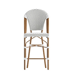 EMMA + OLIVER Colmar Bistro Counter Stool - Stacking Indoor/Outdoor PE Rattan Bar Stool with Bamboo Finish Frame - 26" High - Set of Two - Gray/White