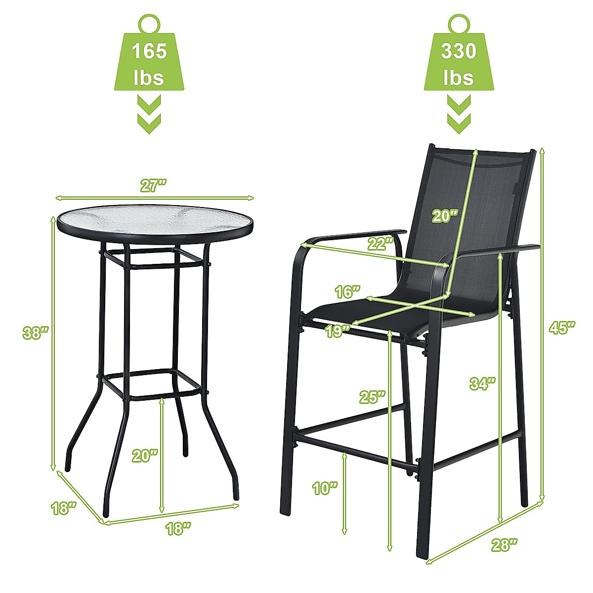 Tangkula 3 Pieces Outdoor Patio Bar Set, Outdoor Bistro Set with 2 Bar Stools and 1 Tempered Glass Bar Table, Bar Height Patio Table and Stools Set for Backyard, Garden, Lawn (Black)