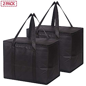 Set of 2 Large Insulated Reusable Grocery Bags with Sturdy Zipper and Handles, Foldable Washable Heavy Duty Cooler Totes for Hot or Cold Food Delivery, Groceries, Travel, Shopping