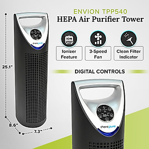 ENVION Therapure 120 Volt Medium to Large Room Air Filter HEPA Air Purifier with 3 Fan Speeds, LED Display, and 24 Hour Timer, Black