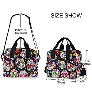 Qilmy Sugar Skull Lunch Bag Insulated Cooler Lunch Tote Bag with Adjustable Shoulder Strap for Office Work School Picnic Travel