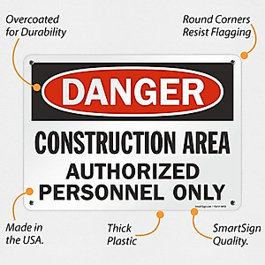 SmartSign - U9-1369-NP_10x14 "Danger - Construction Area, Authorized Personnel Only" Sign | 10" x 14" Plastic Black/Red on White