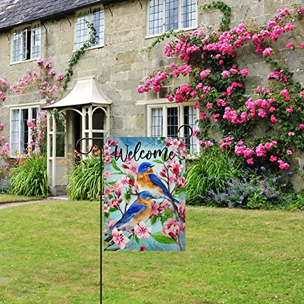 Artofy Welcome Spring Bluebird Home Decorative Birds Garden Flag, Yard Outside Decor, Summer Flowers Outdoor Small Burlap Decoration Double Sided 12 x 18