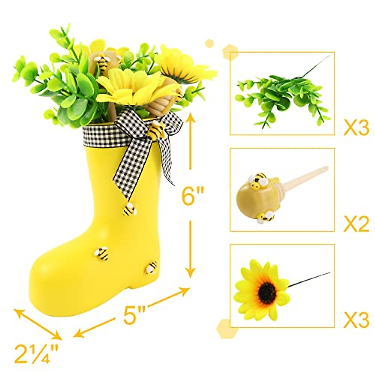 Bee Resin Boot Decor Bumble Bee Tiered Tray Arrangement Honey Dippers Sunflower Spring Summer Yellow Farmhouse Display