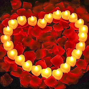 BLOCE 1000 Pieces Artificial Rose Petals with 24Pcs Heart Battery LED Tealight Candles, Rose Petals for Romantic Night for Him Set Valentine's Day (Warm White)