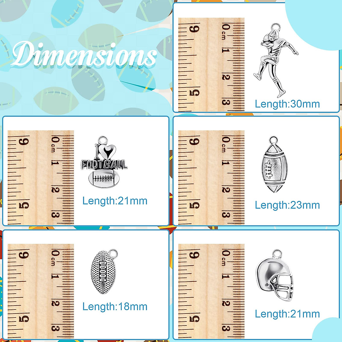 70 Pieces Football Charms Mixed Silver Football Player's Bat Beads Pendants Necklace Crafting Sport Charms Jewelry Making Findings Accessory DIY Necklace Bracelet