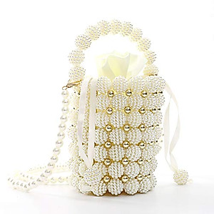 YIFEI Women Beaded Small Pearl Evening Bucket Handmade Bags with Detachable Chain for Wedding Party