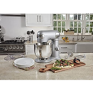 Cuisinart Stand Mixer, 12 Speeds, 5.5-Quart Mixing Bowl, Chef's Whisk, Flat Mixing Paddle, Dough Hook, and Splash Guard with Pour Spout, Silver Lining, SM-50BC