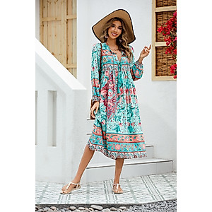 R.Vivimos Women's Long Sleeve Floral Print Retro V Neck Tassel Bohemian Midi Dresses (Large, Light Cyan)