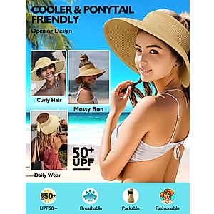 Straw Sun Visor Hats for Women, Pakcable Roll-Up Wide Brim Ponytail Summer Beach Hat, Straw Hats for Women UV Protection, Beach Hats for Women for Girls Holiday Summer Vacation Travel (Dark Coffee)