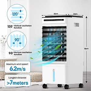 Portable Air Conditioner, 4-IN-1 Evaporative Air Cooler, with 4 Modes 3 Speeds, 1-7H Timer and Negative Ion Function, Portable Air Cooler with 1.35 Gallon Water Tank & 90°Oscillation, Remote Control for Home and Office [Energy Class A++]