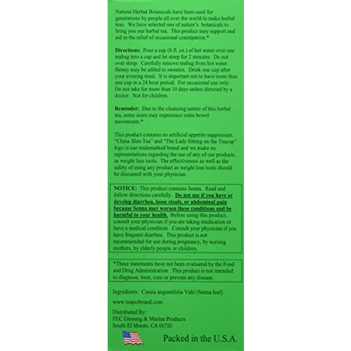 China Slim Tea Extra Strength For Men and Women 72 Tea Bags