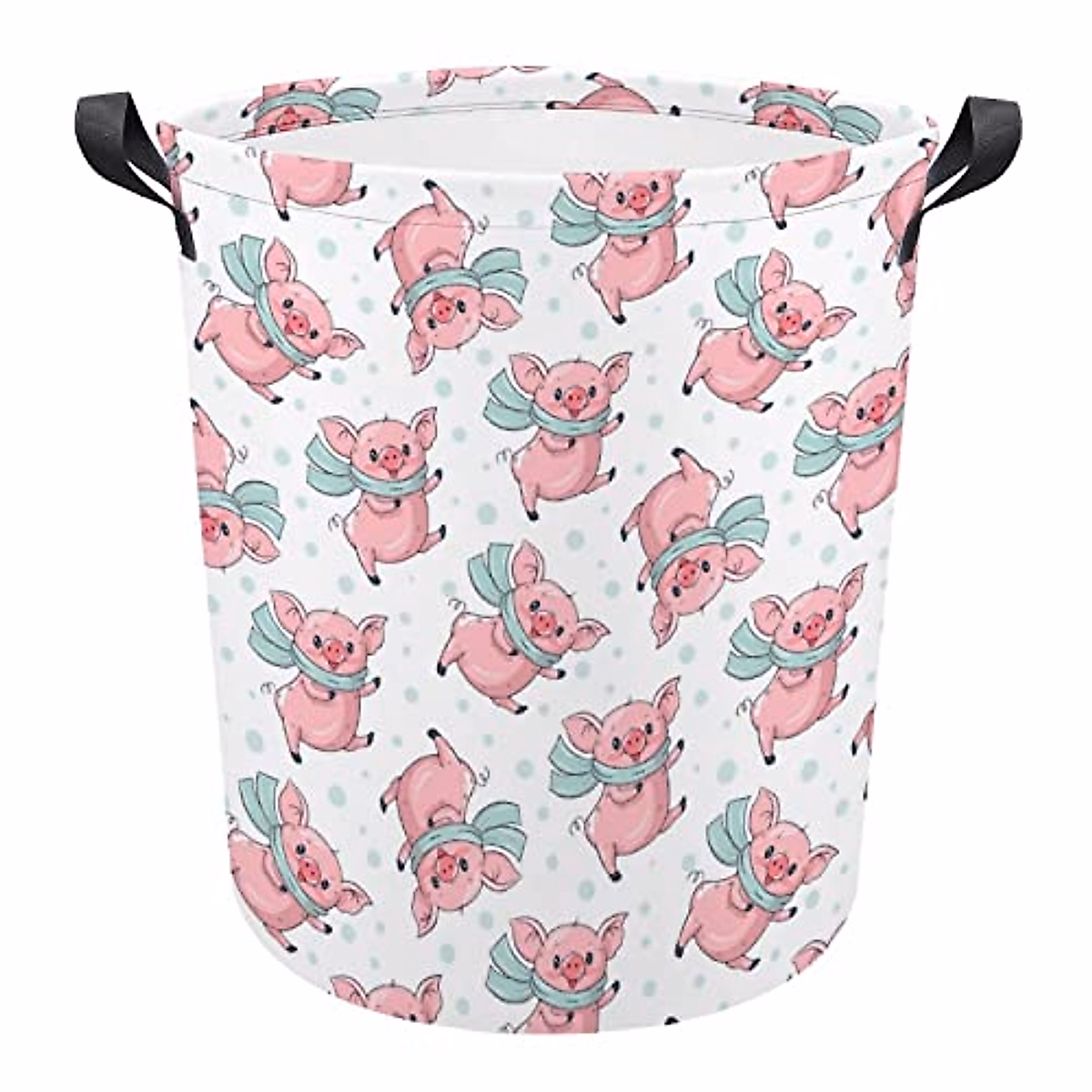 Cute Cartoon Pigs Foldable Laundry Basket Waterproof Hamper Storage Bin Bag with Handle 16.5"x 16.5"x 17"