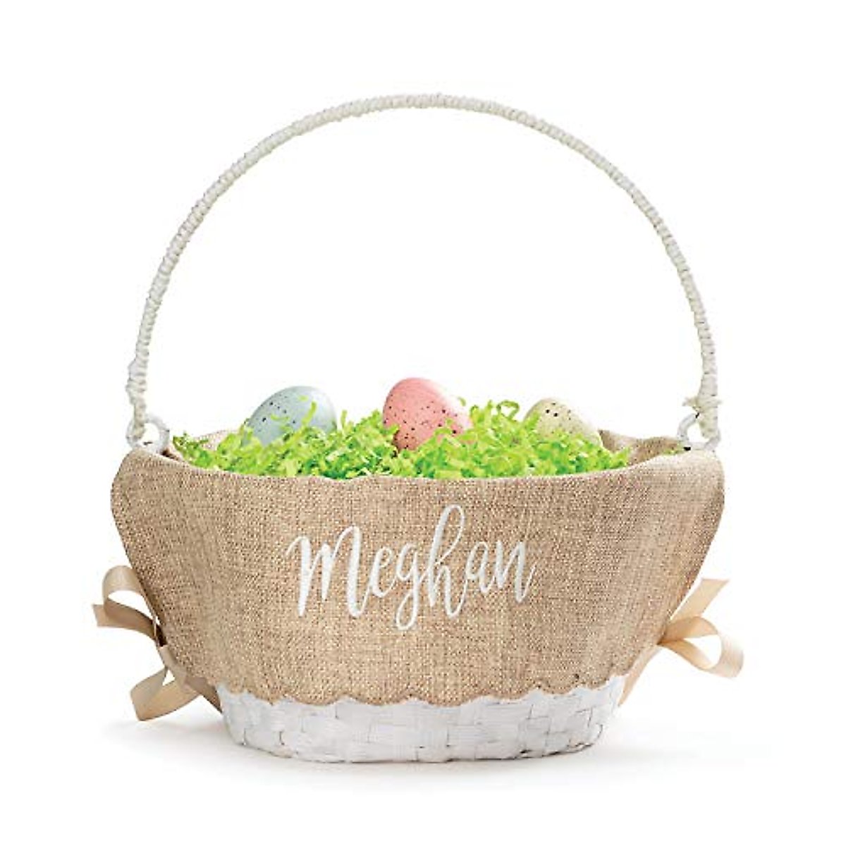 Personalized Easter Egg Basket with Handle and Custom Name in White Script | Scallop Edge Burlap Easter Basket Liners | White Basket | Woven Easter Baskets for Kids Adults | Customized Easter Basket