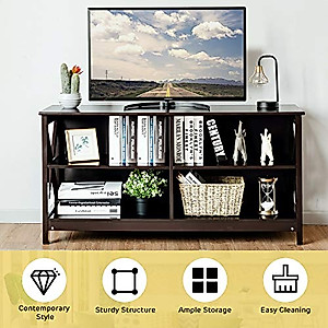 Tangkula TV Stand for TVs up to 55 Inches, 47" Farmhouse Entertainment Center with 4 Open Shelves & Built-in Cable Holes, TV Console Table with X-Shaped Frame for Living Room (Brown)