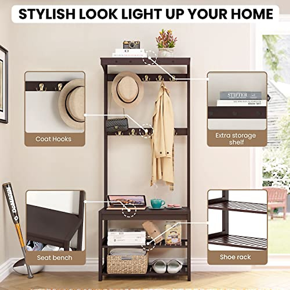 SEIRIONE Bamboo Coat Rack Shoe Bench, 5 in 1 Design Freestanding Hall Tree for Entryway Storage Organizer, 10 Hanger Hooks, 1 Upper Shelf, Easy Assembly,Dark Brown